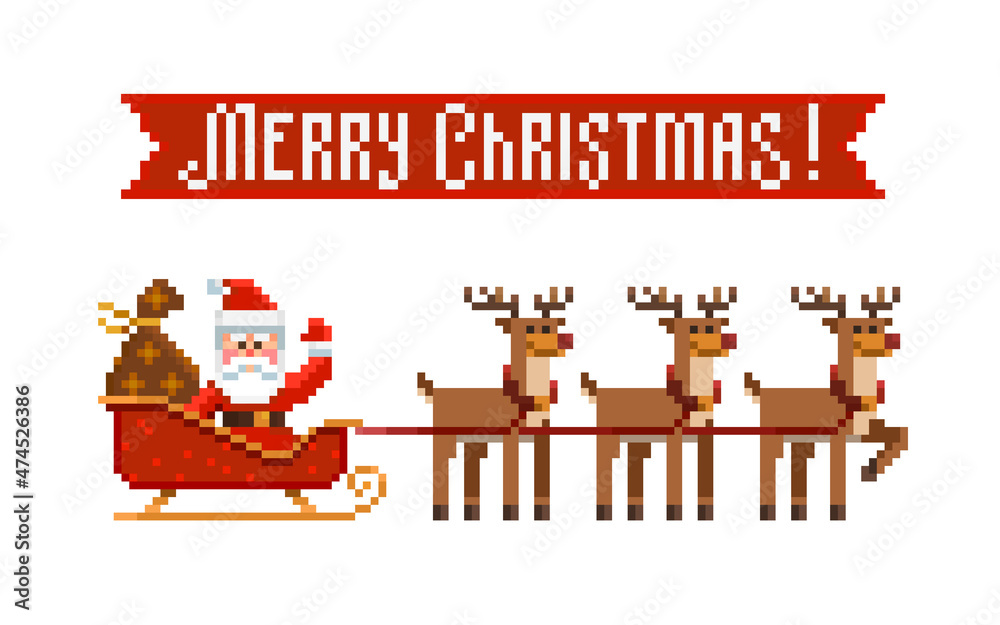 Pixel Art Merry Christmas text on red ribbon wit Santa Claus and ...
