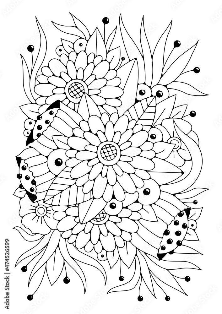Magic garden coloring page. Black and white background for coloring ...