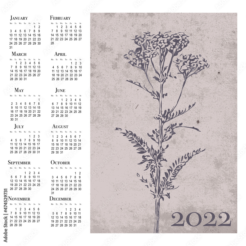 Botanical calendar for 2022. Printable wall calendar, week starts on ...