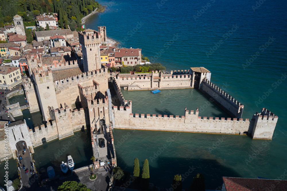 Sirmione aerial view. Top view, main tower of Sirmione castle, lake ...