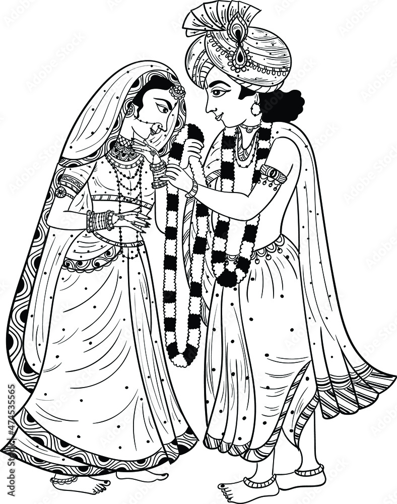 Indian wedding symbol groom and bride clip art line art drawing. Indian ...