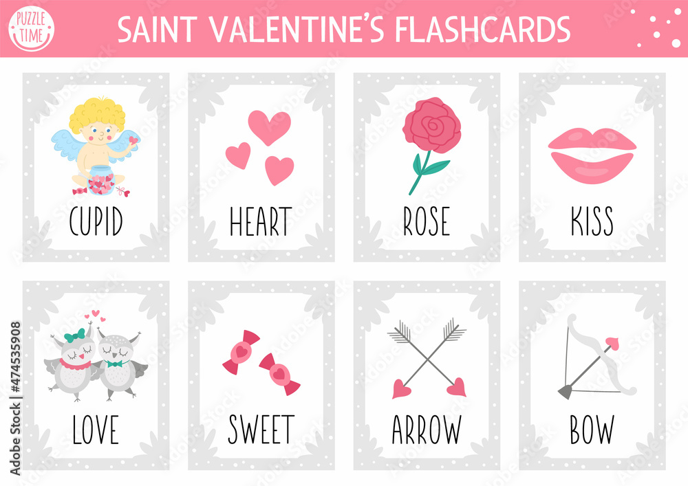 Vector Saint Valentine flash cards set. English language game with cute ...