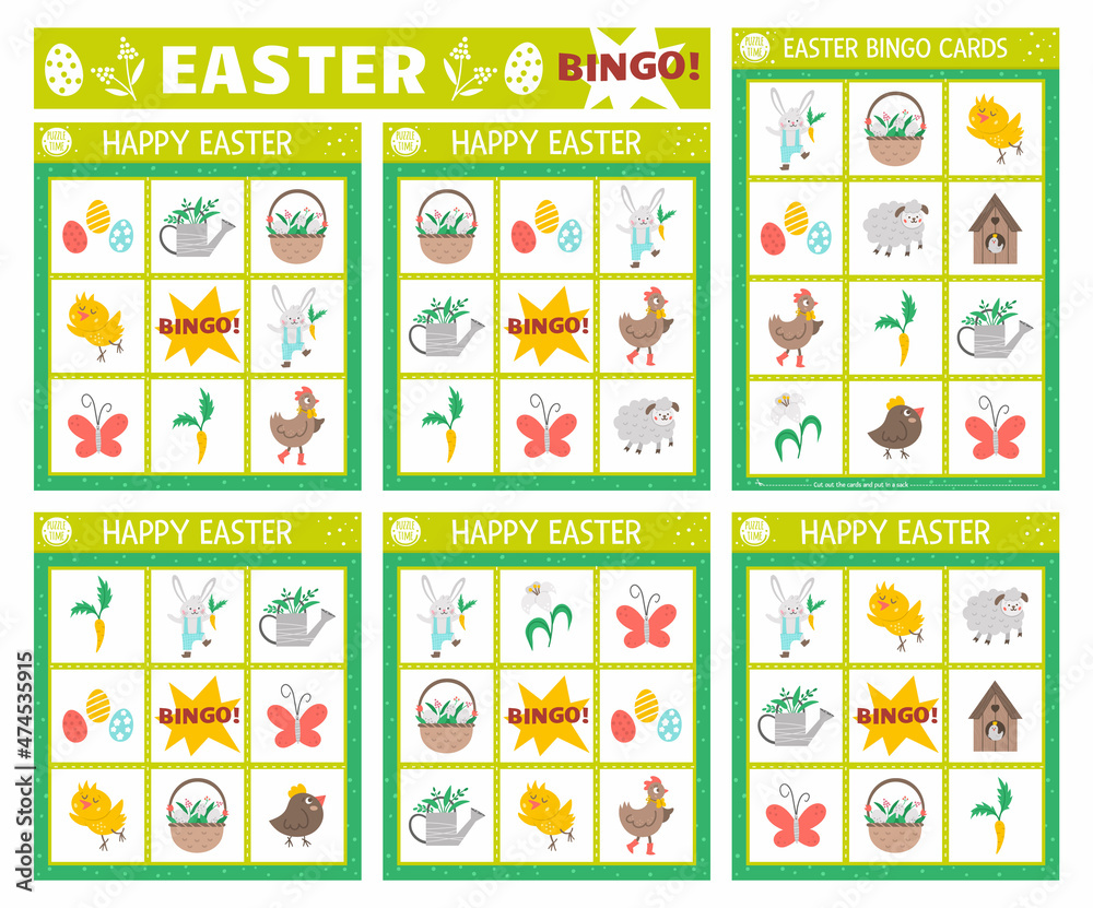 Vector Easter bingo cards set. Fun family lotto board game with cute ...