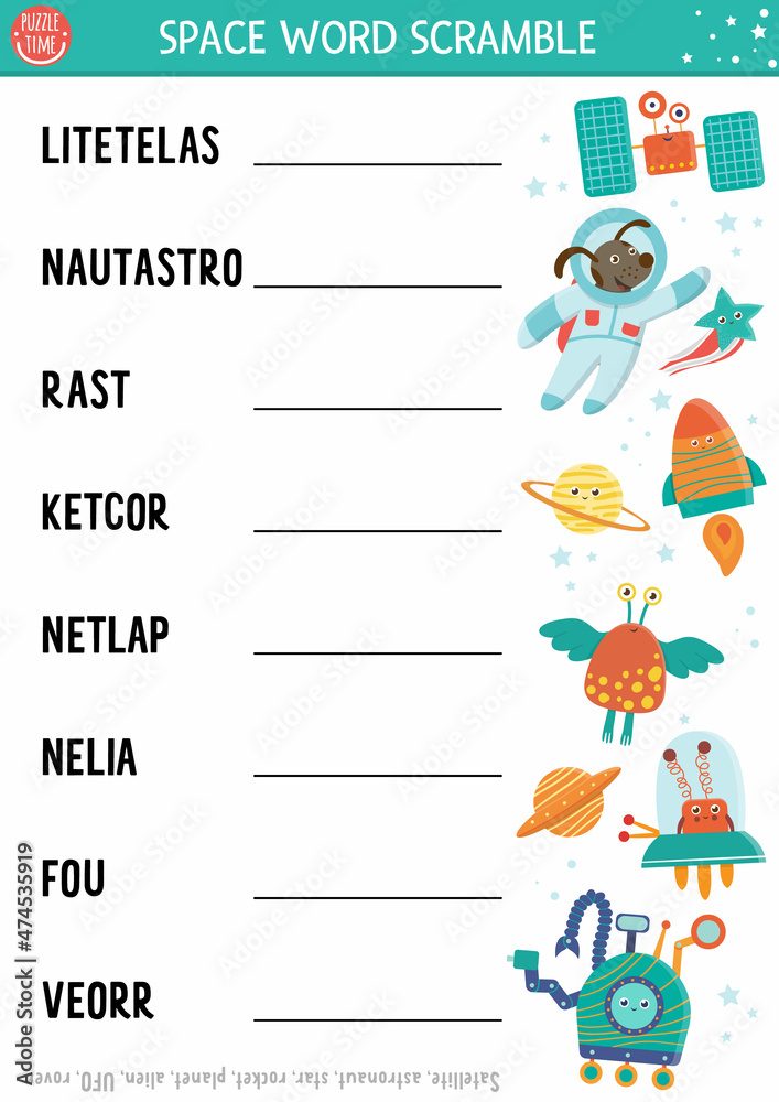 Vector space word scramble activity page. English language game with ...