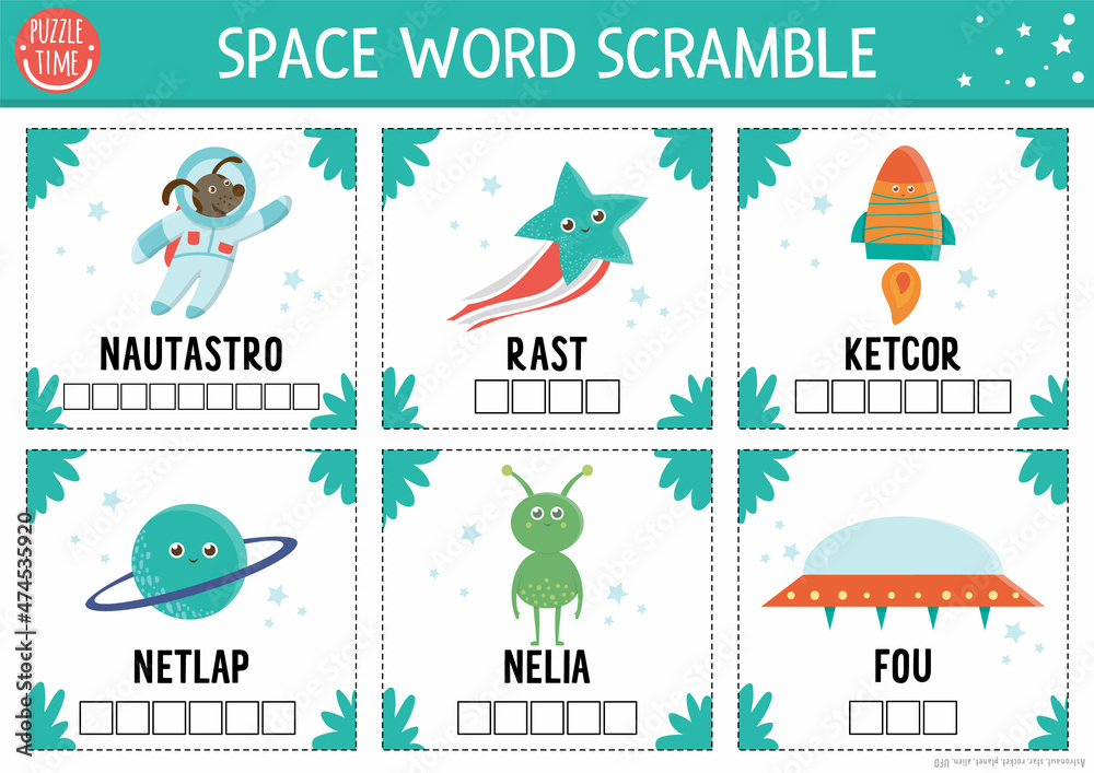 Vector space word scramble activity page. English language game with ...