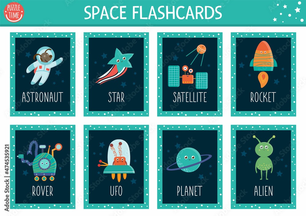 Vector Space flash cards set. English language game with cute astronaut ...
