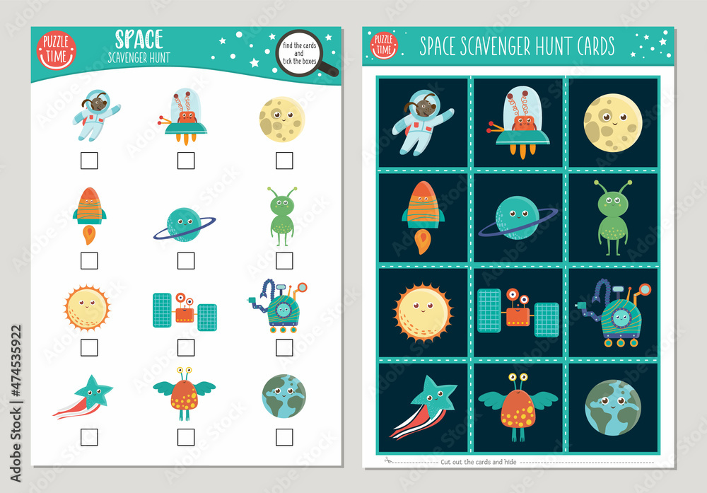Vector Space scavenger hunt cards set. Seek and find game with cute ...