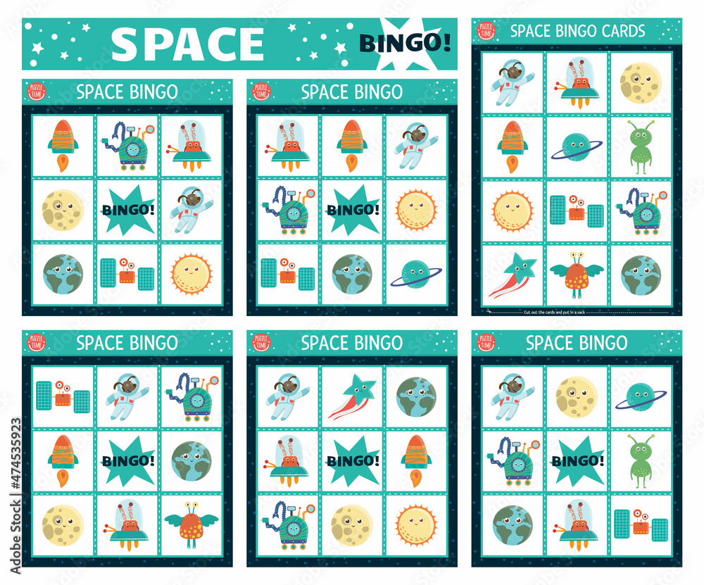 Vector Space bingo cards set. Fun family lotto board game with cute ...