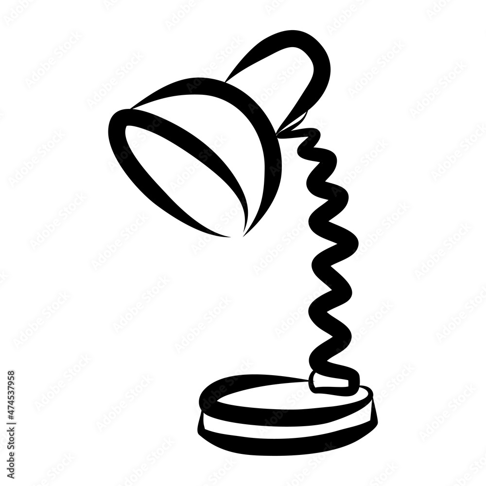 Simple black and white outline table lamp icon. Vector linear doodle of ...