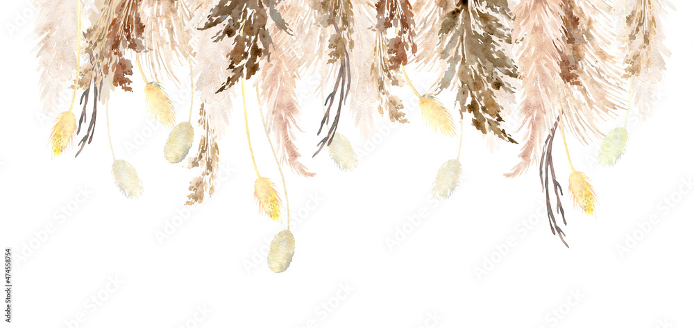 Pampas grass watercolor border. Hand painted boho floral neutral colors ...