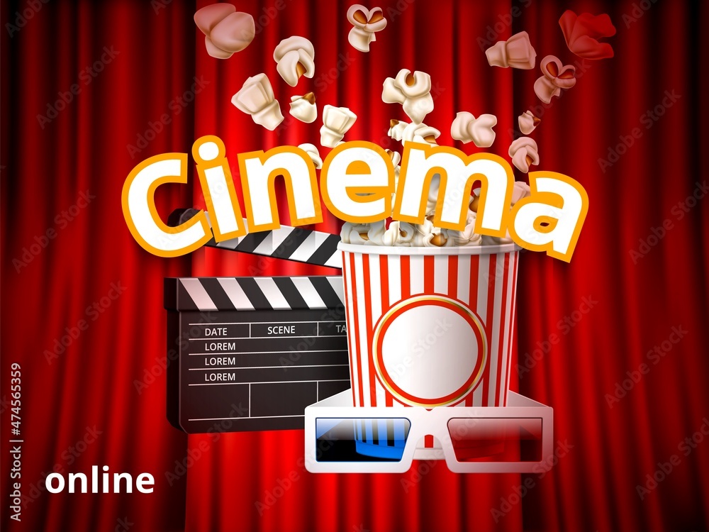 Realistic popcorn. Online movie theater advertising banner. Red curtain ...