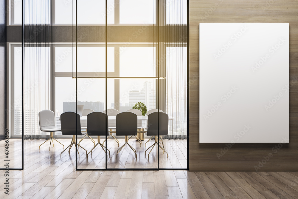 Modern wooden meeting room office interior with empty white mock up ...