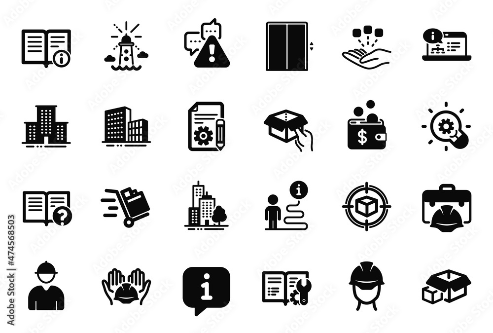 Vector Set of Industrial icons related to Lift, Builders union and Lighthouse icons. Technical ...