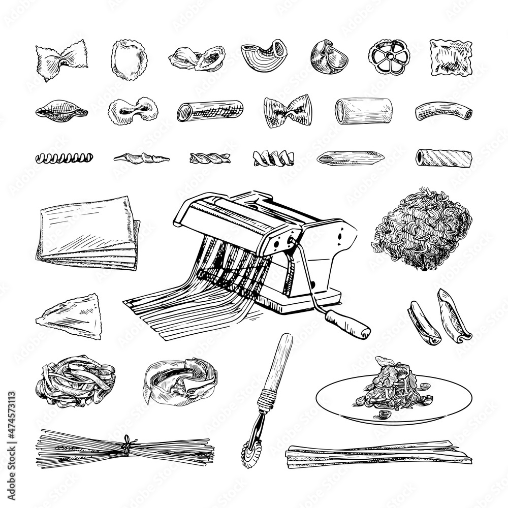 Collection of monochrome illustrations of pasta in sketch style. Hand ...