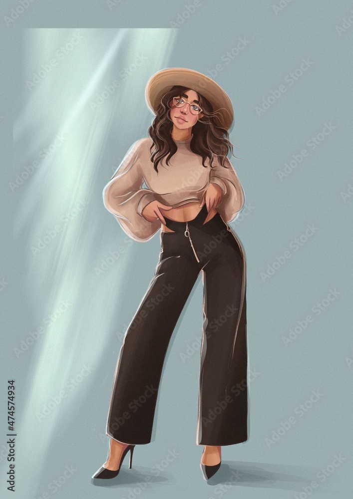 Poster Beautiful lady cartoon style portrait, colofrul hand drawn ...