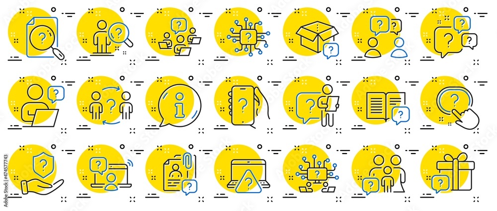 Questions line icons. Artificial Intelligence computer, phone with ...