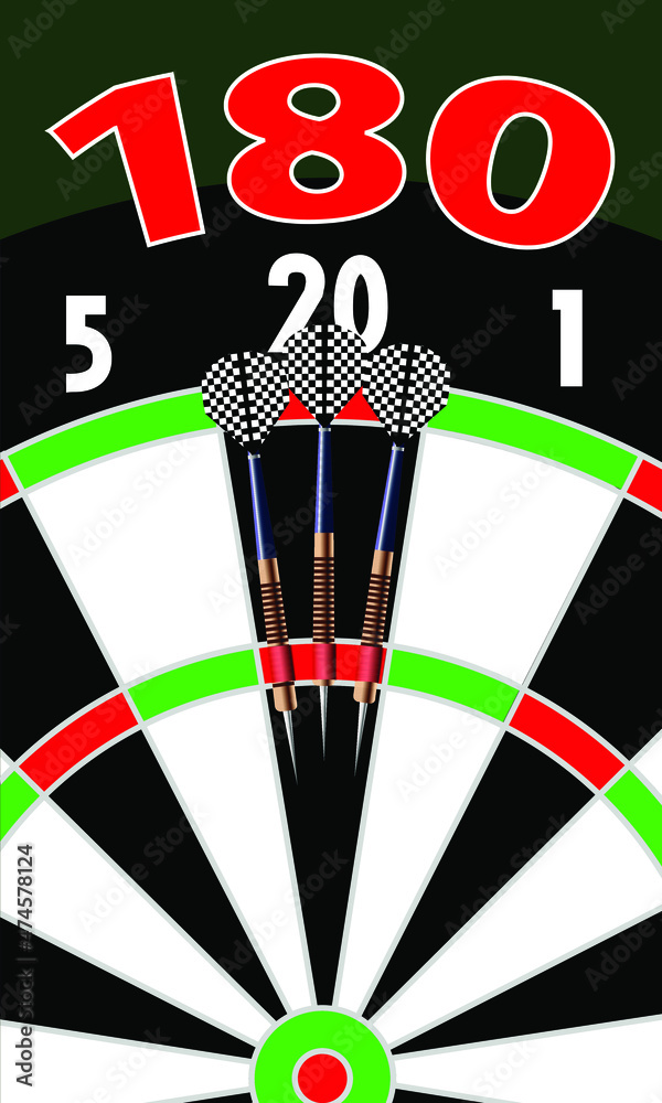 vector illustration depicting a dart board with a stylized hit of darts ...