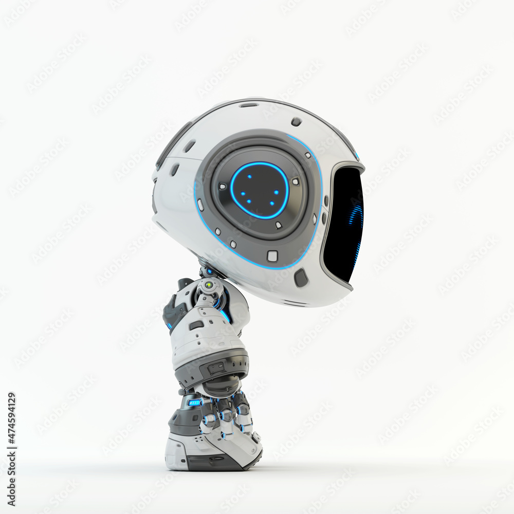 Cute white bot with blue eyes and digital smile, 3d rendering on white ...