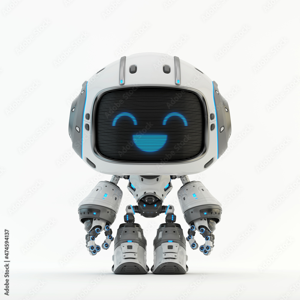 Cute white bot with blue eyes and digital smile, 3d rendering on white ...