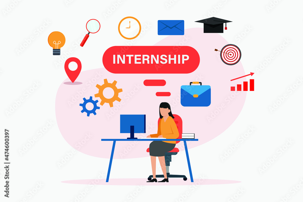 Internship vector concept. Female college student working with a ...