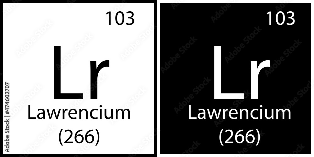 Lawrencium chemical symbol. Flat art. Mendeleev table. Square frames ...