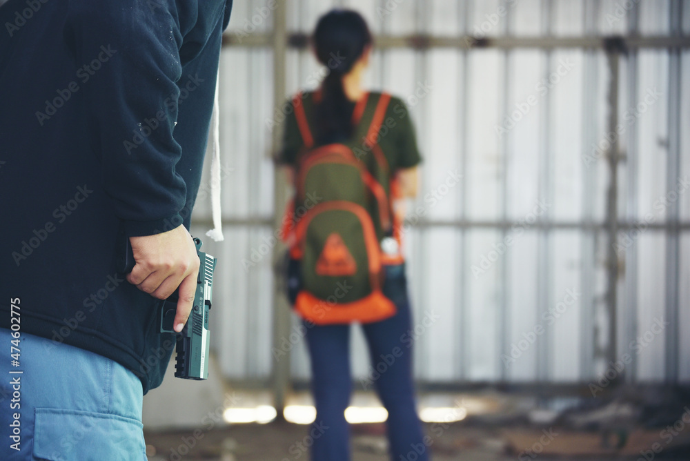 Thief armed man rob woman by gun on street so scared shocked face ...