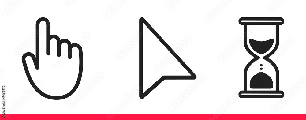 Black hourglass loading clock, pointer hand and arrow mouse cursors ...