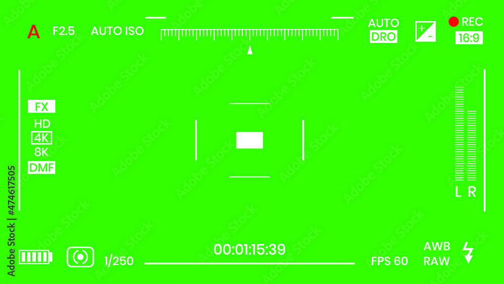 Green colored chroma key camera rec frame viewfinder overlay background ...