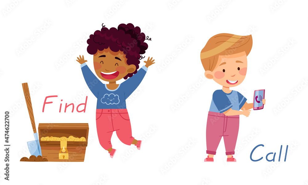 Find and Call English action verbs for kids education set. Children ...