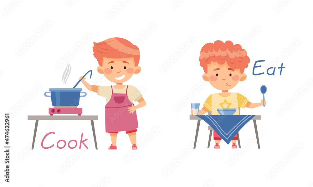 Cook and Eat English action verbs for kids education set. Children ...