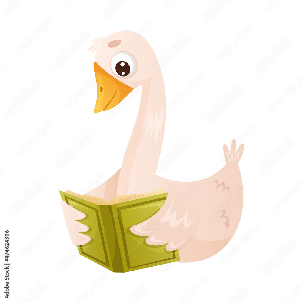 Cute gosling reading book. Smart baby bird sitting and studying with ...