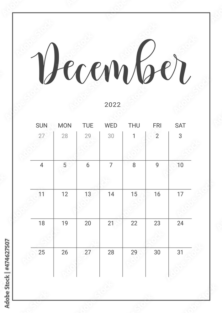 Vector Calendar Planner for December 2022. Handwritten lettering. Week ...