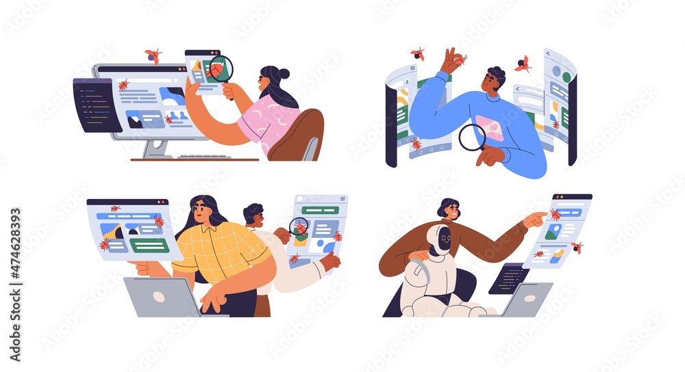 Software testing concept. Apps and programs testers set searching ...