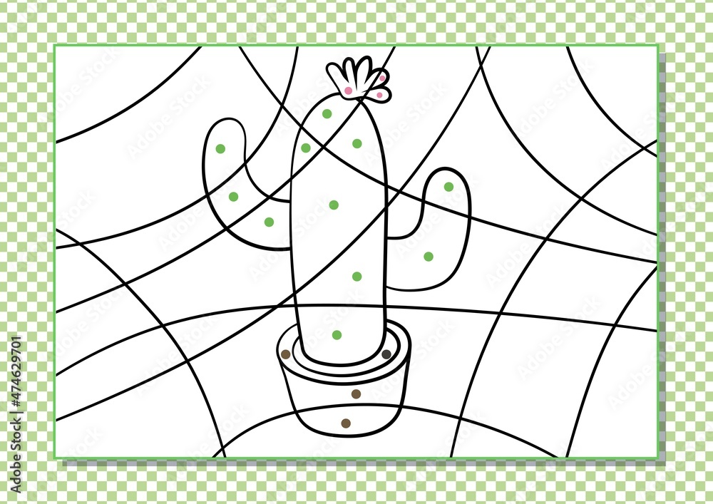 Cartoon coloring by dots for Kids. Printable worksheet. Cartoon cactus ...
