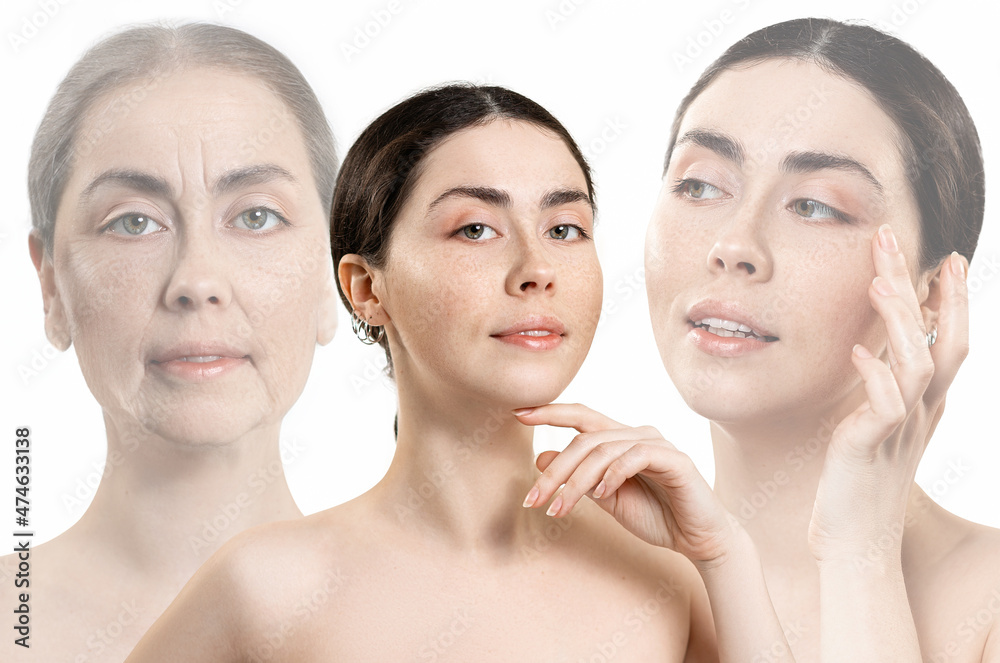 Three portraits of a caucasian woman showing the stages of rejuvenation ...