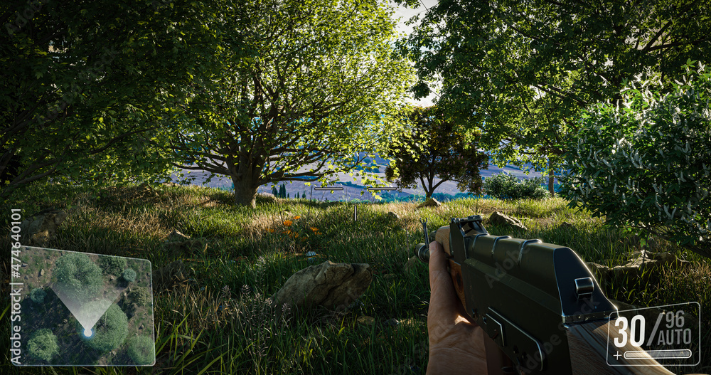 First person shooter war game screenshot concept - man running with AK ...