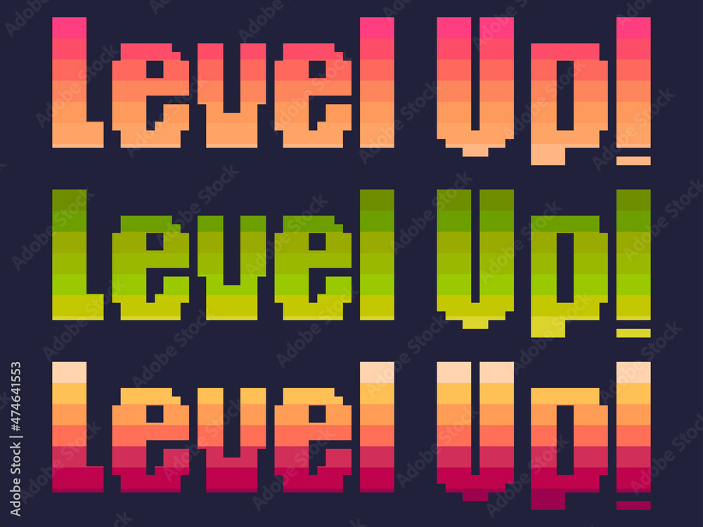 Level up! pixel art. Achievement in the game, leveling up. Text in 8 ...