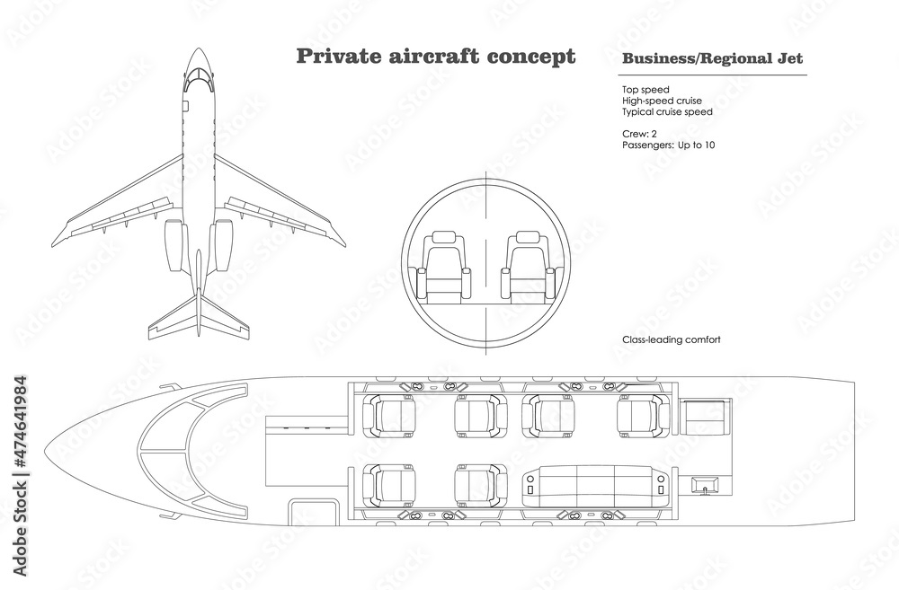 Outline business jet interior. Private aircraft map. Top view of ...