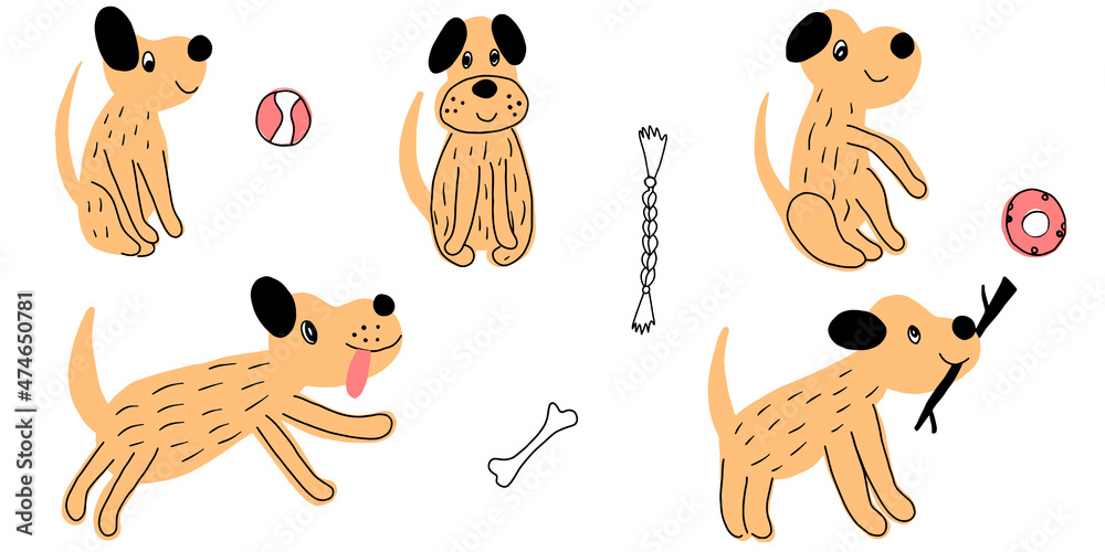 Vector set of cartoon cute dog illustration on white background. Puppy ...