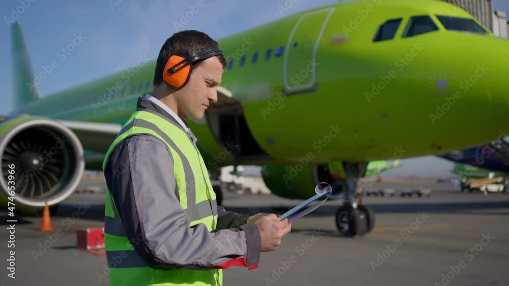 Video „Airport, Aircraft engineer worker technical staff controlling ...