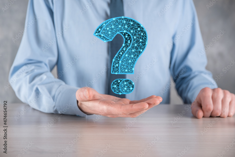 Question mark. 3d abstract on dark background with dots and stars. Ask ...