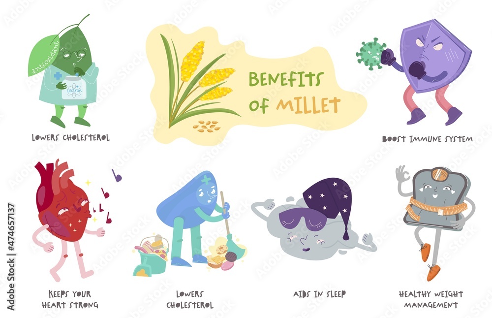 Millet health benefits, character infographics. Editable vector ...