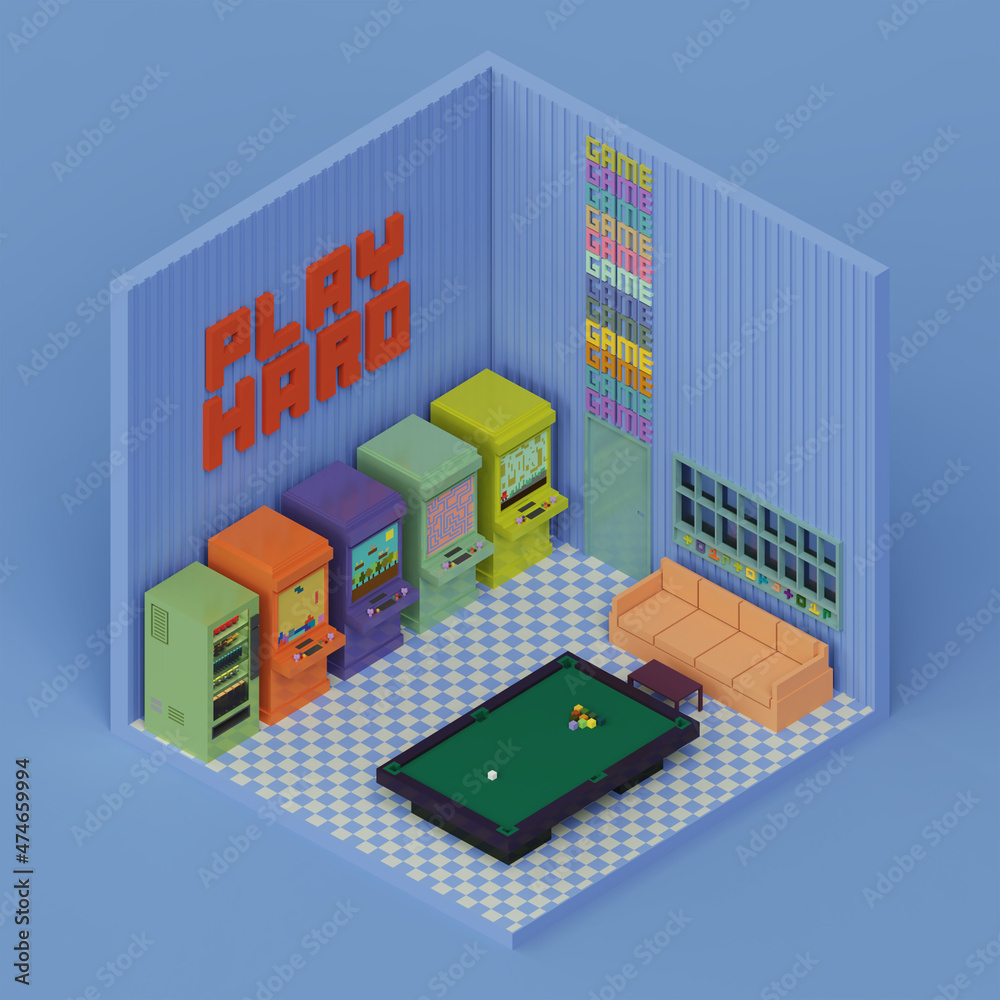 3d rendered isometric voxel game room with arcade machines and billiard ...