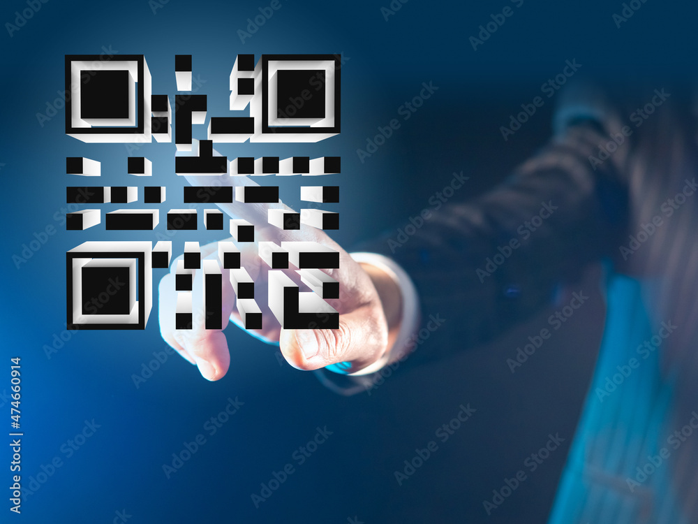 Three-dimensional QR code on a virtual screen. Person puts his hand to ...