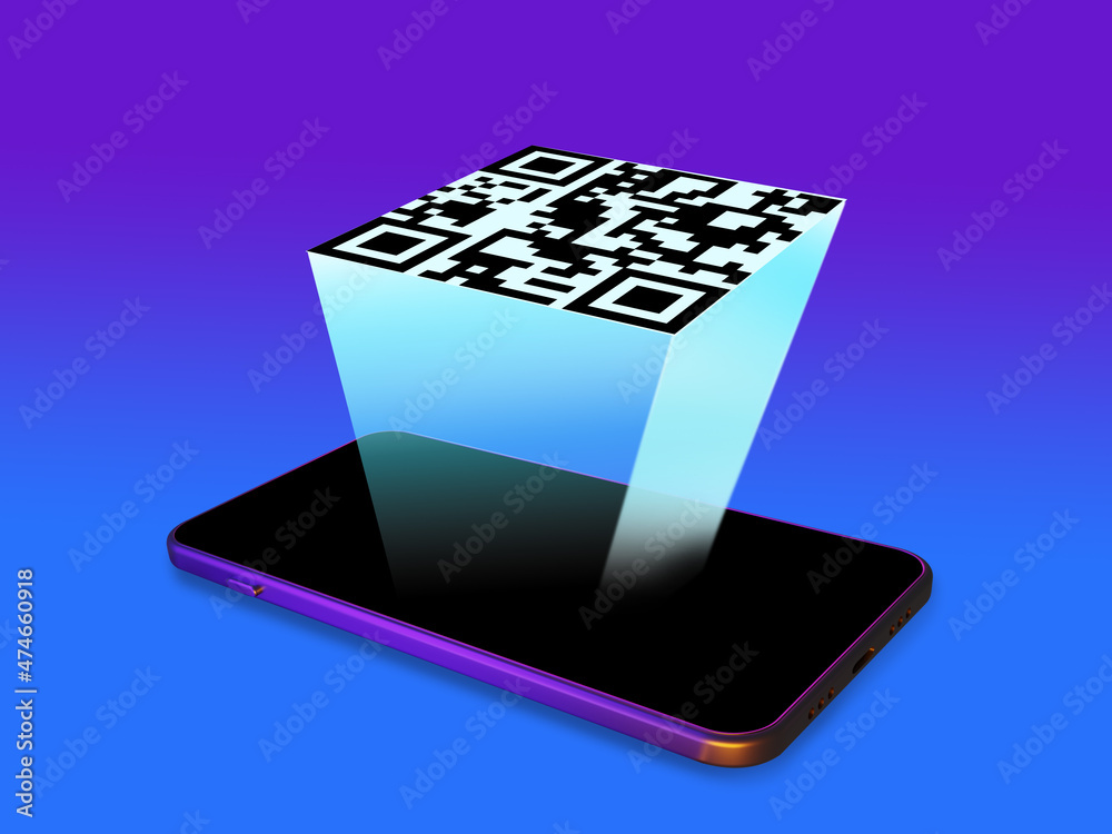 QR technology. QR code on smartphone screen. Visualization of QR tag ...