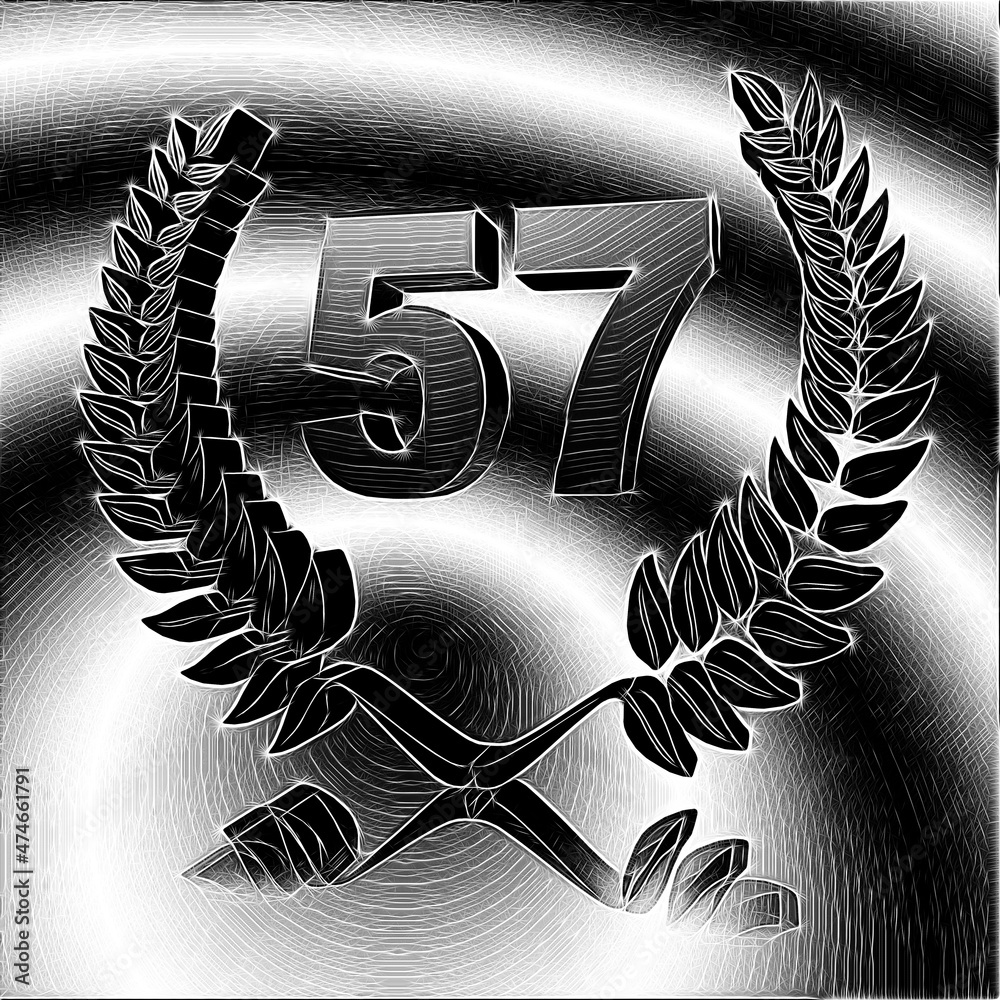 Zahl 57 mit Lorbeerkranz, Ehrenkranz, Siegerkranz als 3D-Illustration ...