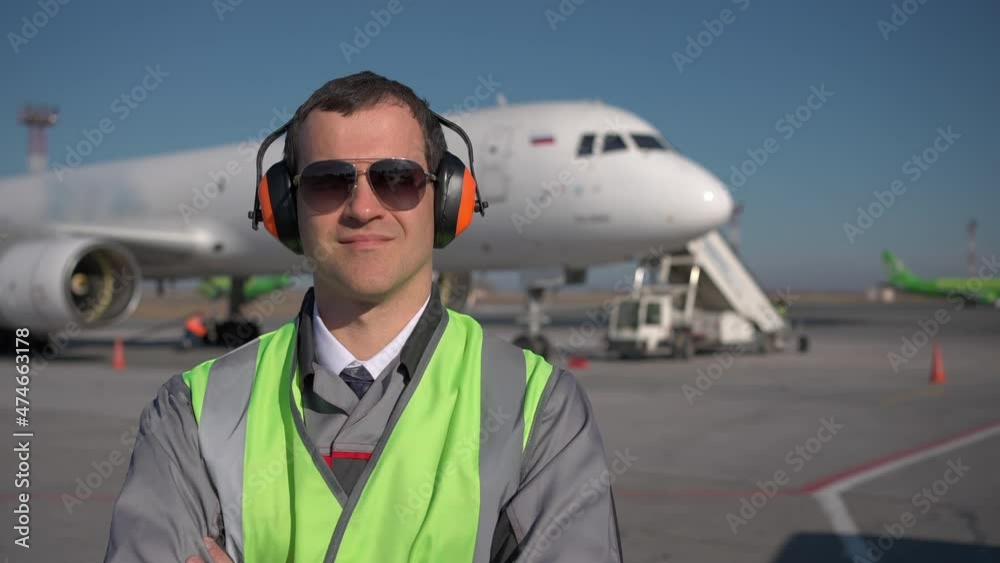 Airport. Portrait of aircraft engineer worker mechanic work airdrome ...