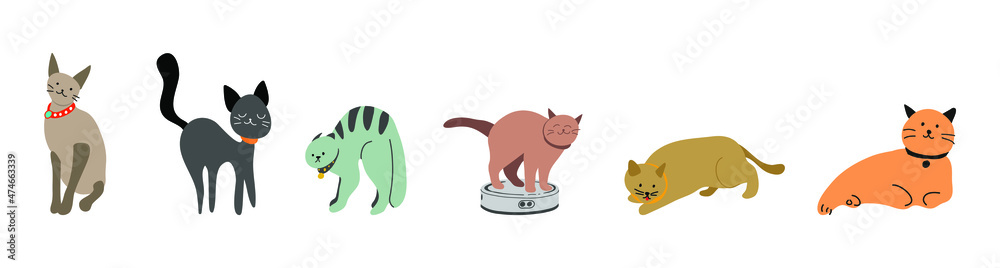 Big vector set of cats in cartoon style. Doodle cartoon style. Set ...