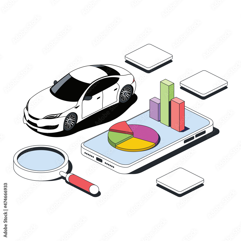 Car diagnostics, charts chart on smartphone screen. Vector 3d sketch ...