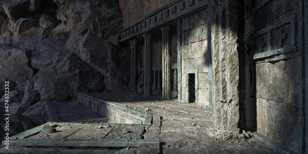 Photorealistic 3D illustration of a ruins of the sacred temple in a ...
